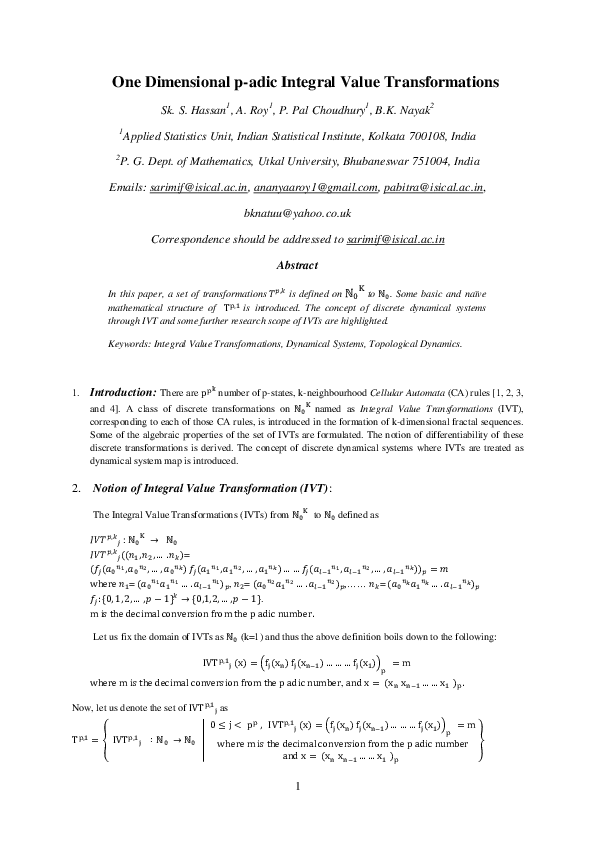 (PDF) One Dimensional p-adic Integral Value Transformations