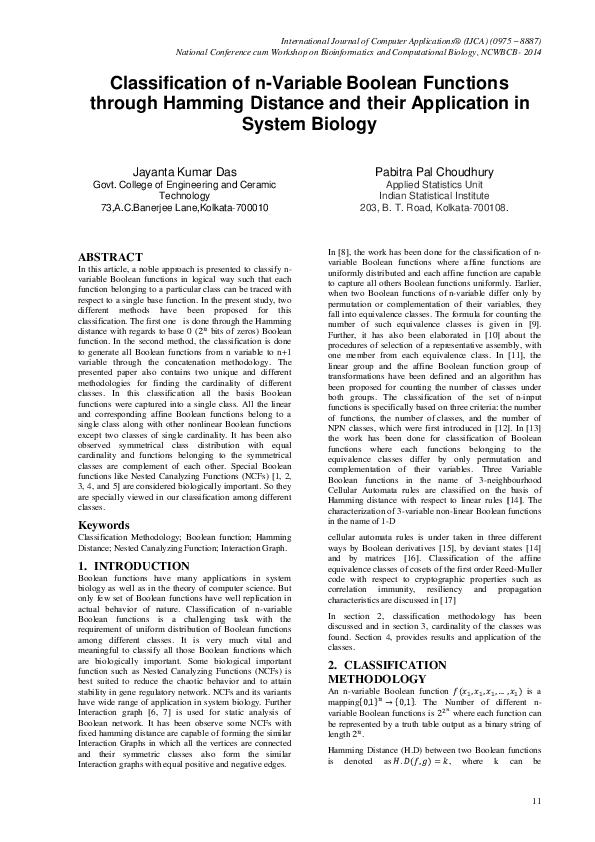 Pdf Classification Of N Variable Boolean Functions Through Hamming Distance And Their
