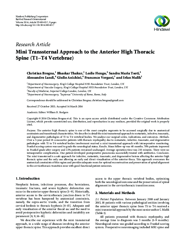 (PDF) Mini Transsternal Approach to the Anterior High Thoracic Spine ...