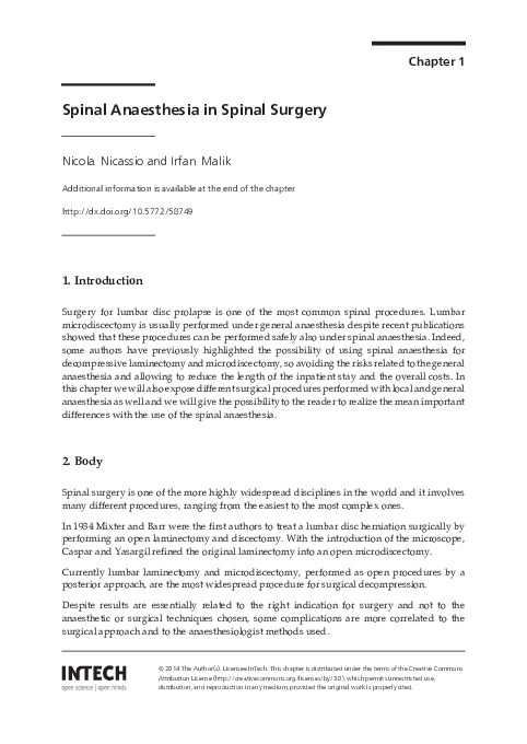 (PDF) Chapter 1 Spinal Anaesthesia in Spinal Surgery