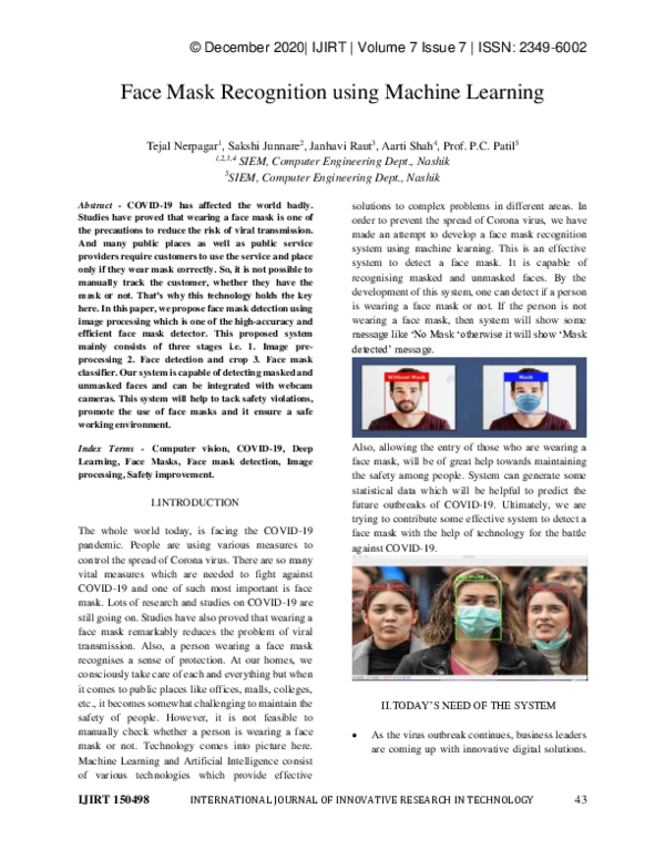 (PDF) Face Mask Recognition using Machine Learning