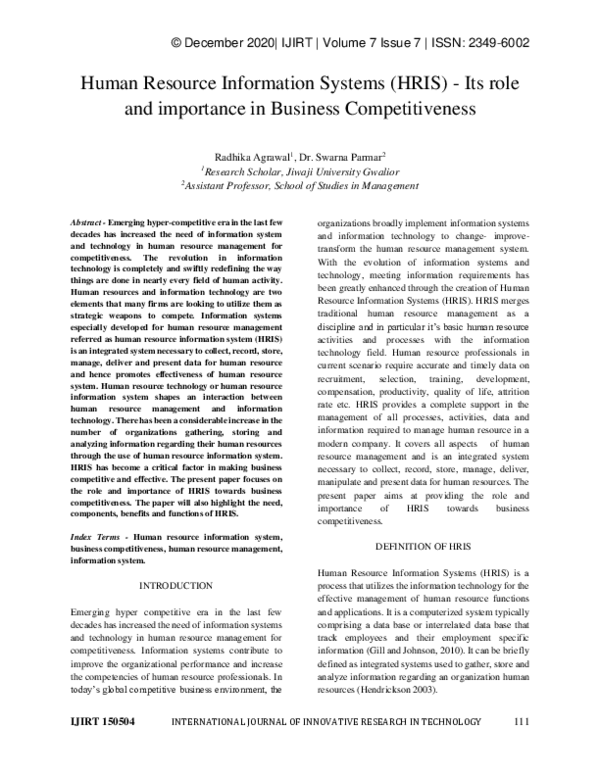 (PDF) Human Resource Information Systems (HRIS) -Its role and importance in Business Competitiveness