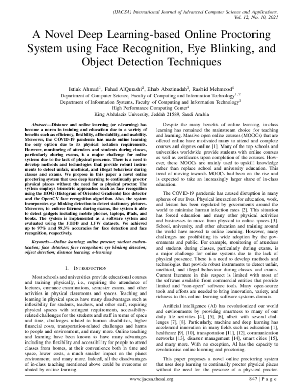 Pdf A Novel Deep Learning Based Online Proctoring System Using Face Recognition Eye Blinking
