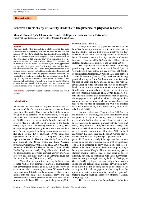 (PDF) Perceived barriers by university students in the practice of ...