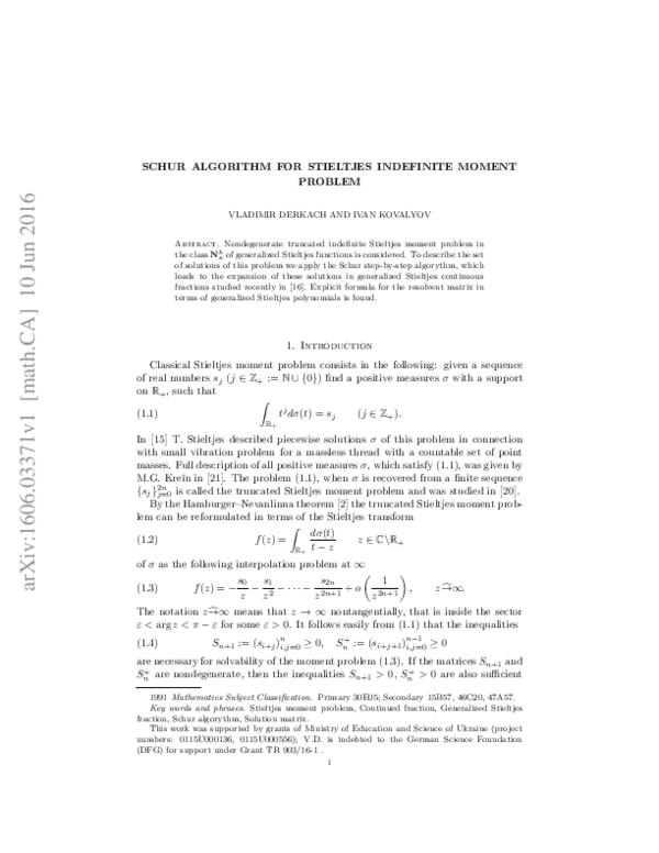 (PDF) Schur algorithm for Stieltjes indefinite moment problem | Ivan Kovalyov - Academia.edu