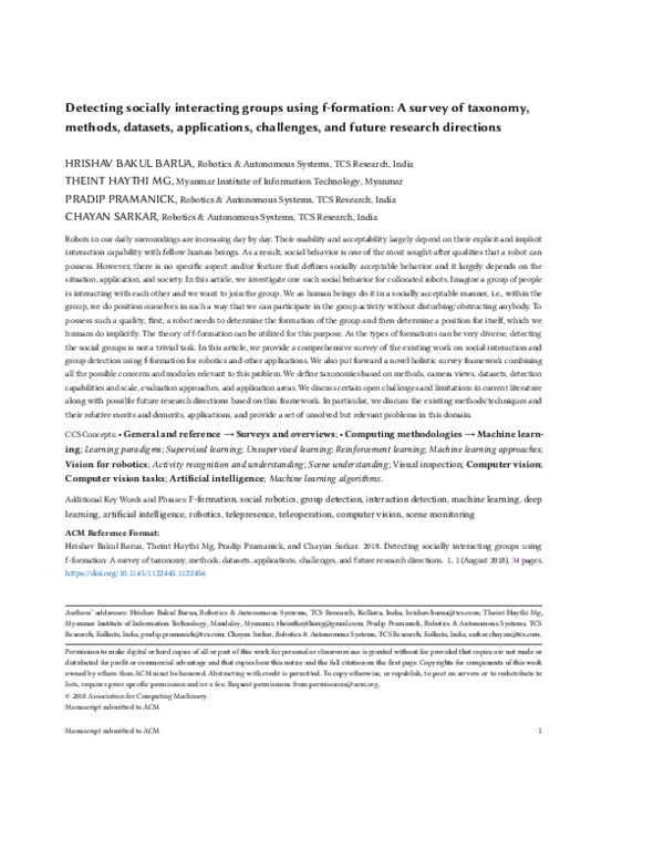 (PDF) Detecting socially interacting groups using f-formation: A survey of taxonomy, methods ...