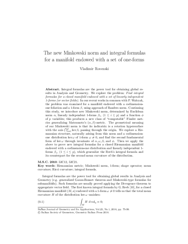 (PDF) The new Minkowski norm and integral formulas for a manifold ...
