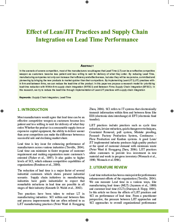 (PDF) Effect of Lean/JIT Practices and Supply Chain Integration on Lead Time Performance ...