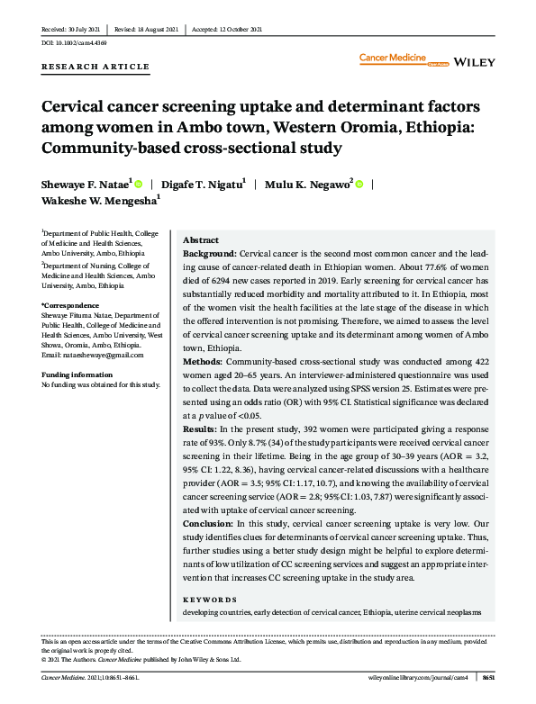 (PDF) Cervical cancer screening uptake and determinant factors among women in Ambo town, Western ...