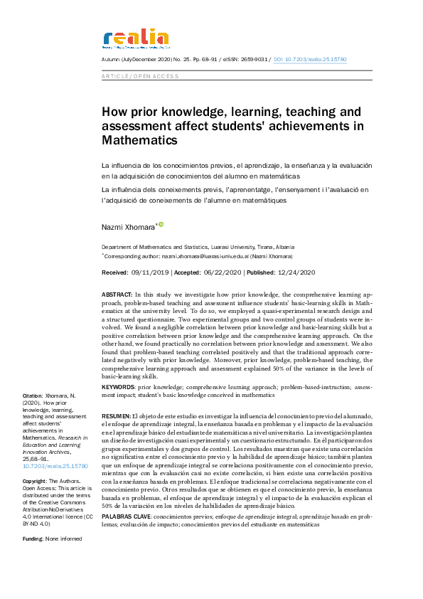 (PDF) How prior knowledge, learning, teaching and assessment affect ...