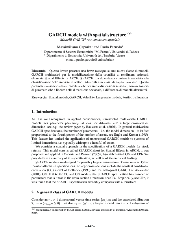 Pdf Garch Models With Spatial Structure Paolo Paruolo