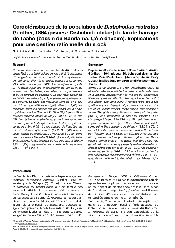 (PDF) Caractéristiques de la population de Distichodus rostratus ...