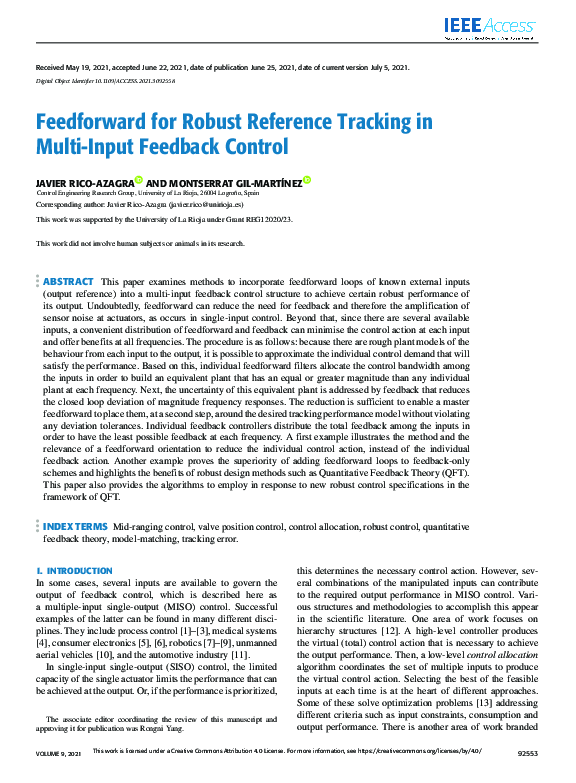 (PDF) Feedforward for Robust Reference Tracking in Multi-Input Feedback Control