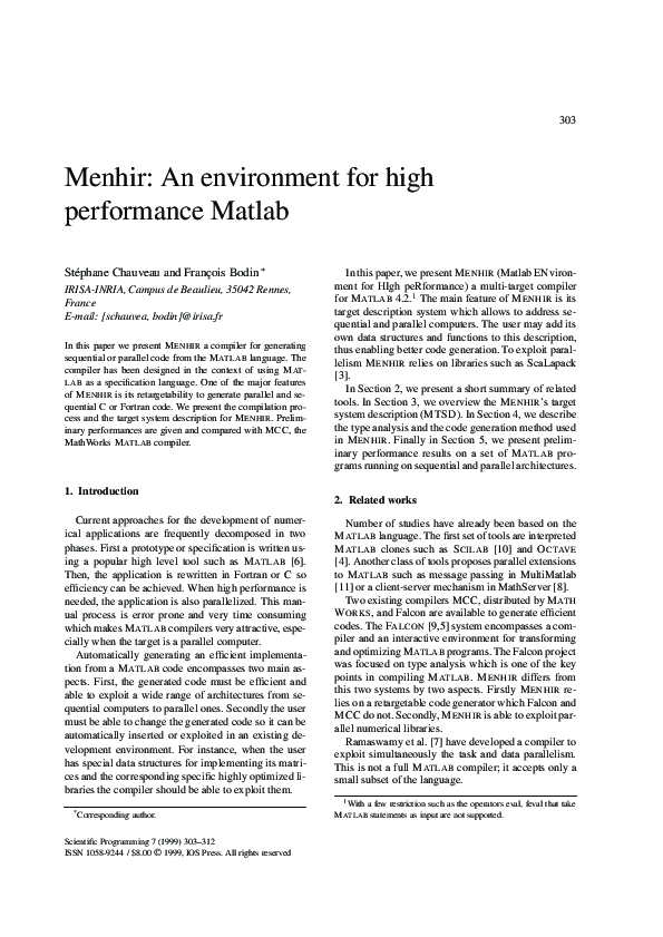 (PDF) Menhir: An environment for high performance Matlab