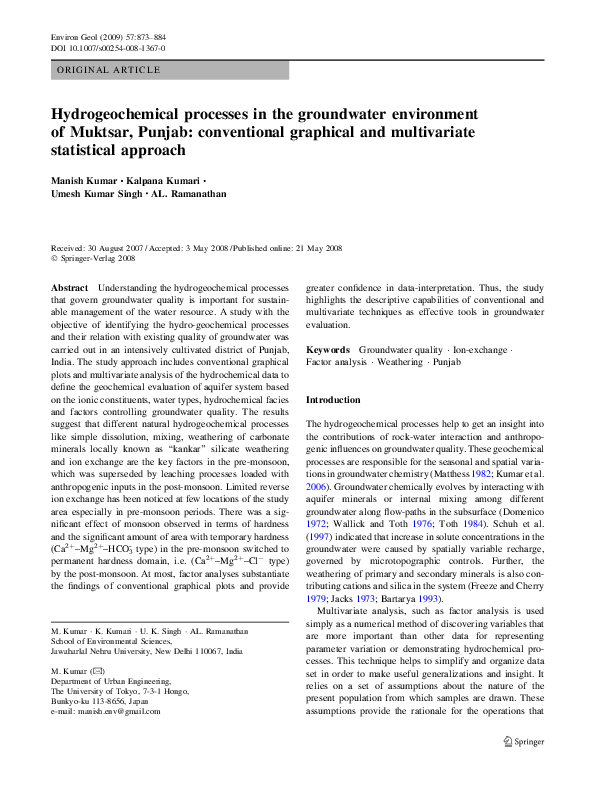 Pdf Hydrogeochemical Processes In The Groundwater Environment Of Muktsar Punjab Conventional
