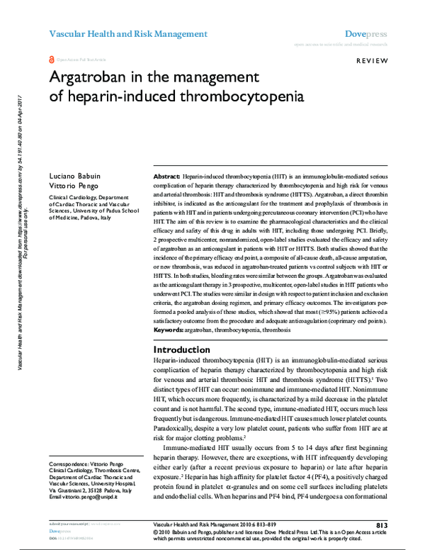 (PDF) Argatroban in the management of heparin-induced thrombocytopenia