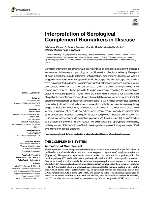 (PDF) Interpretation of Serological Complement Biomarkers in Disease