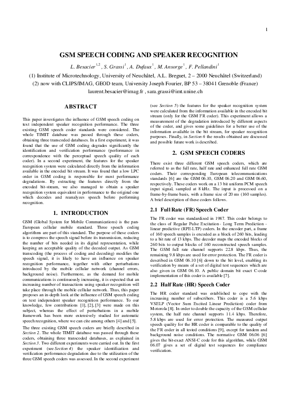 Gsm Speech Coding And Speaker Recognition