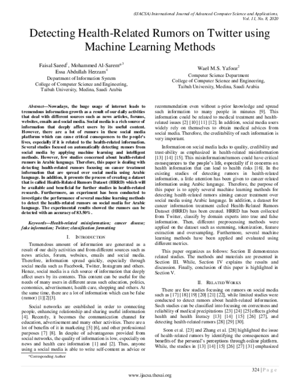 Pdf Detecting Health Related Rumors On Twitter Using Machine Learning Methods Mohammed Al