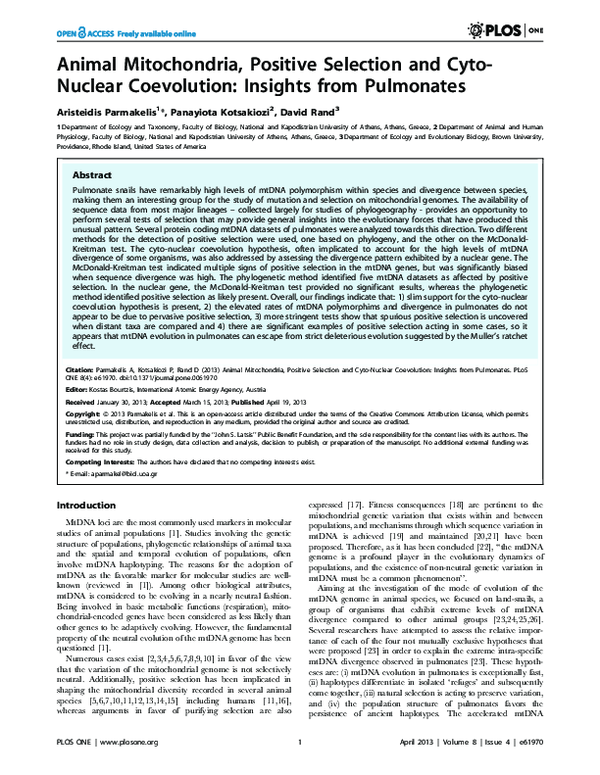 (PDF) Animal Mitochondria, Positive Selection and Cyto-Nuclear ...