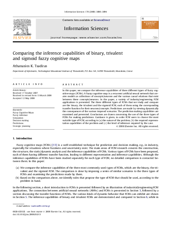Pdf Comparing The Inference Capabilities Of Binary Trivalent And Sigmoid Fuzzy Cognitive Maps