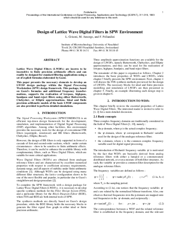 Pdf Design On Lattice Wave Digital Filters In Spw Environment