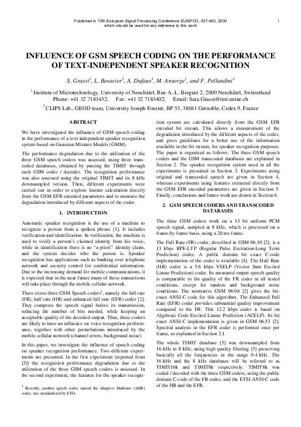 (PDF) Influence of GSM speech coding on the performance of text-independent speaker recognition