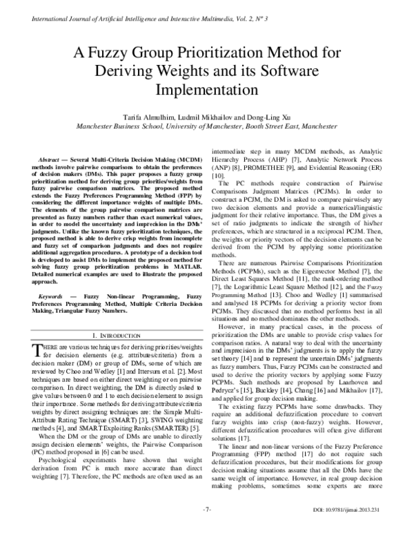 (PDF) A Fuzzy Group Prioritization Method for Deriving Weights and its Software Implementation