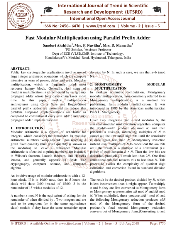 (PDF) Fast Modular Multiplication using Parallel Prefix Adder