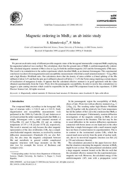 (PDF) Magnetic ordering in MnB2: an ab initio study