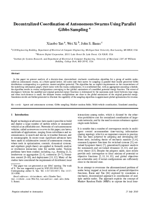 (PDF) Decentralized Coordination for Swarms via Gibbs Sampling