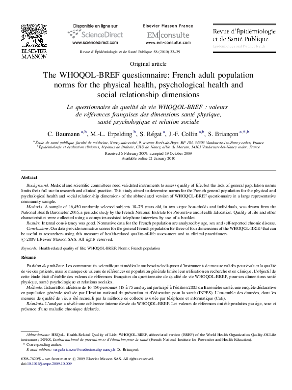 (PDF) The WHOQOL-BREF questionnaire: French adult population norms for ...