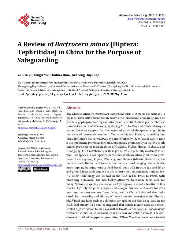 (PDF) A Review of Bactrocera minax (Diptera: Tephritidae) in China for ...