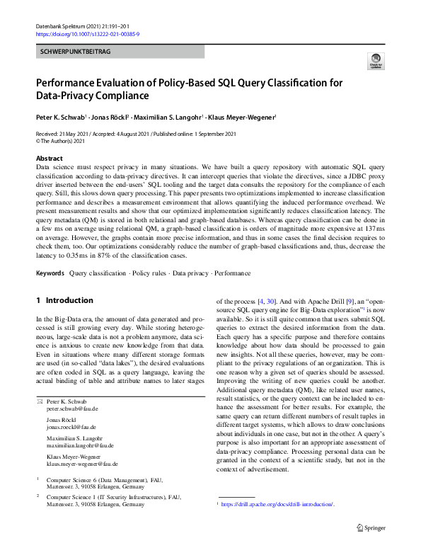 (PDF) Performance Evaluation of Policy-Based SQL Query Classification for Data-Privacy Compliance