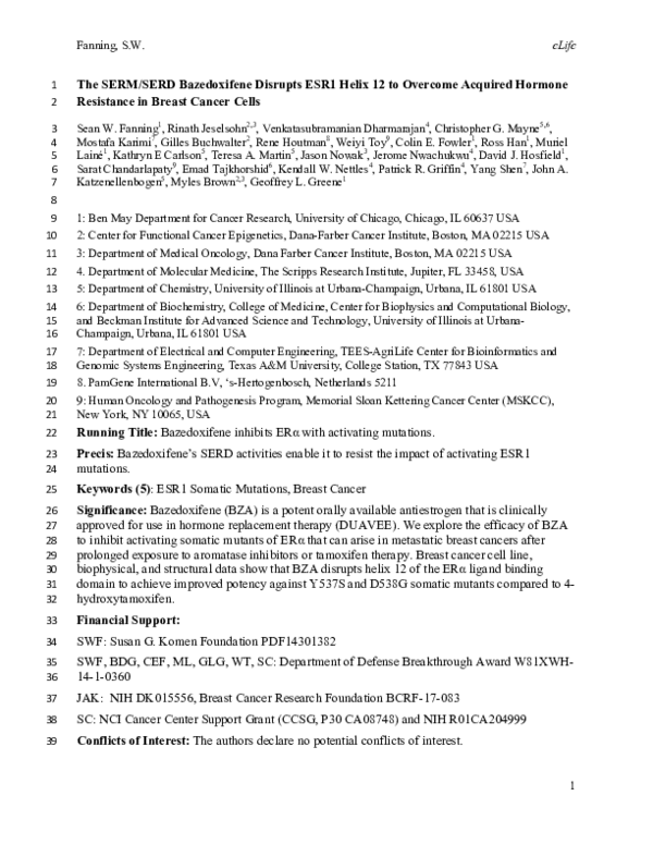 (PDF) The SERM/SERD bazedoxifene disrupts ESR1 helix 12 to overcome ...