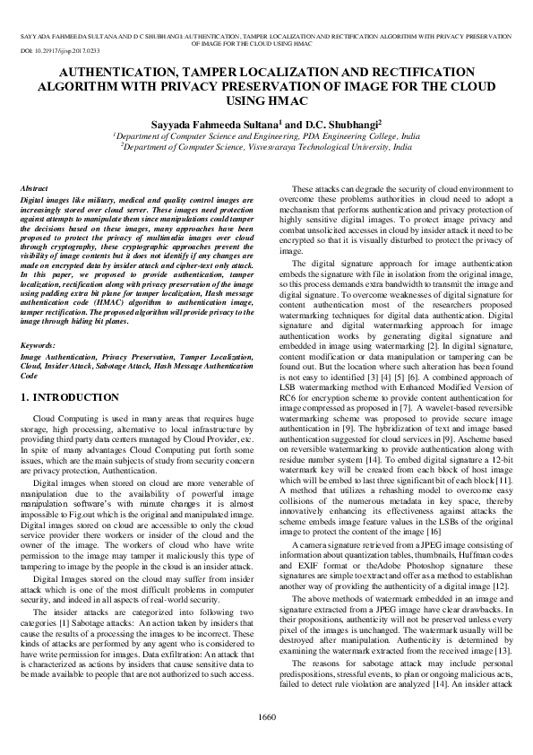 (PDF) Authentication, Tamper Localization and Rectification Algorithm with Privacy Preservation ...