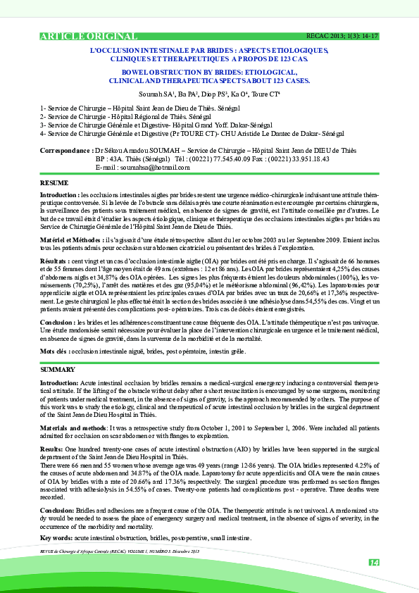 (PDF) Article Original L'Occlusion Intestinale Par Brides : Aspects ...