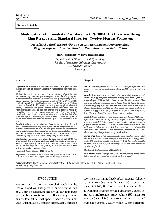 (PDF) Modification of Immediate Postplacenta CuT-380A IUD Insertion ...