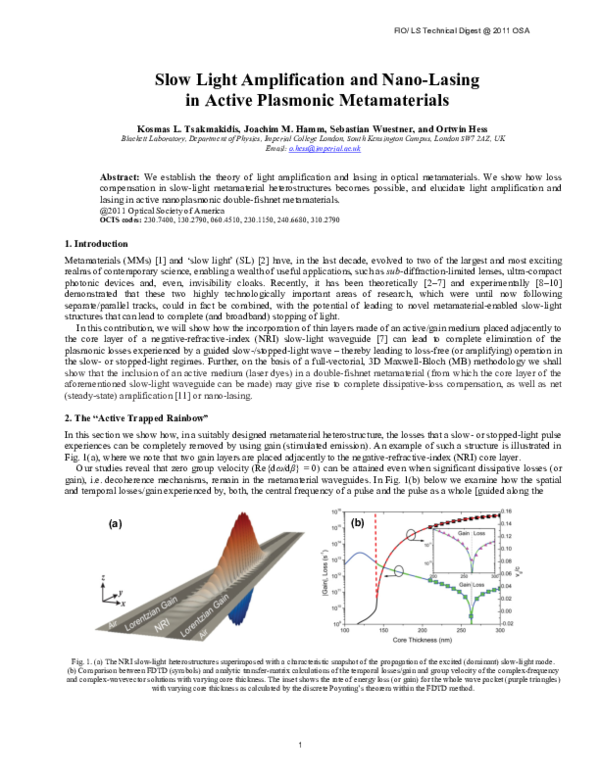 (PDF) Slow Light Amplification and Nano-Lasing in Active Plasmonic Metamaterials