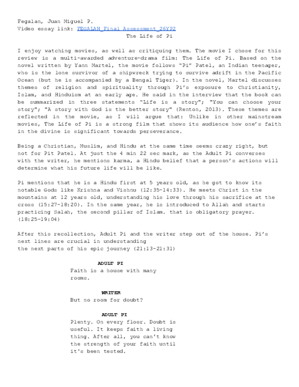 (PDF) Life of Pi Analysis Video Essay