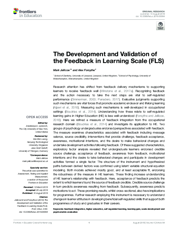 (PDF) The Development and Validation of the Feedback in Learning Scale ...