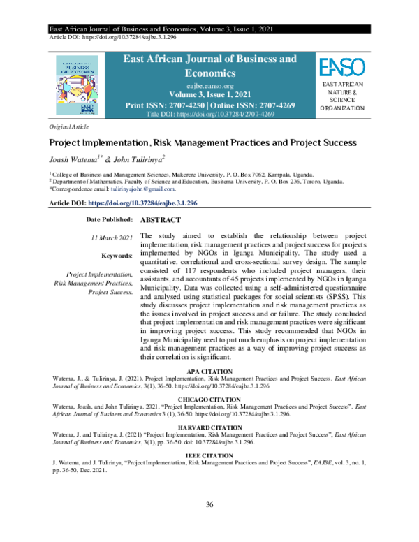 (PDF) Project Implementation, Risk Management Practices and Project Success