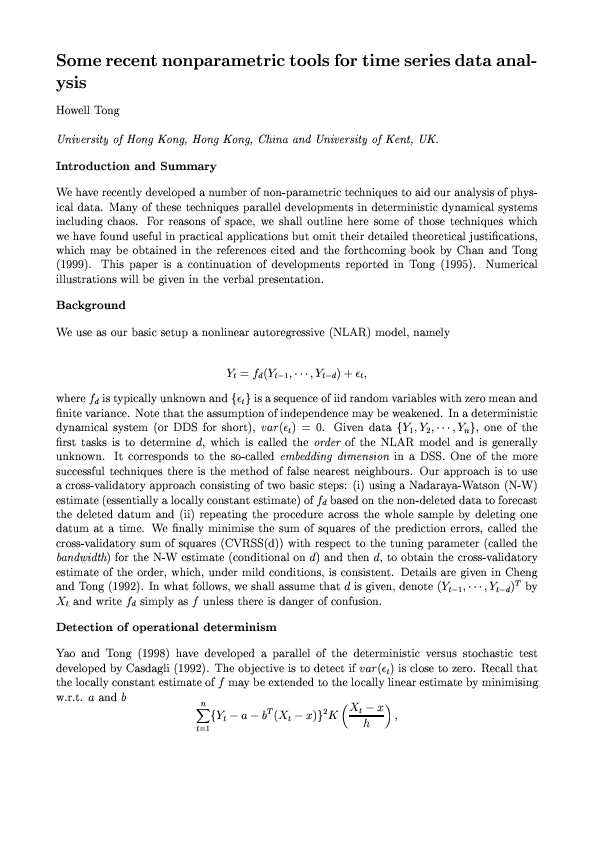 (PDF) Some recent nonparametric tools for time series data analysis | Howell Tong - Academia.edu