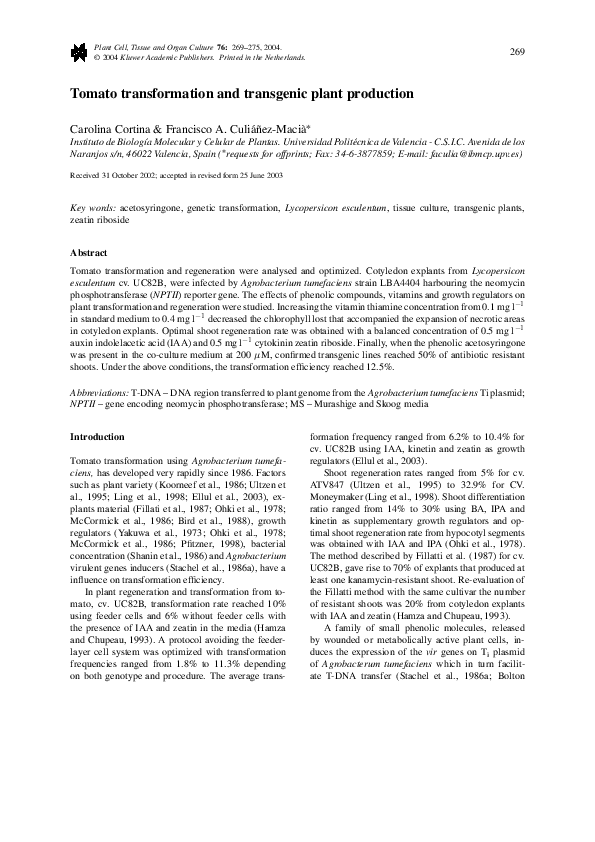 (PDF) Tomato Transformation and Transgenic Plant Production