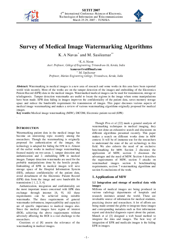 (PDF) Survey of Medical Image Watermarking Algorithms