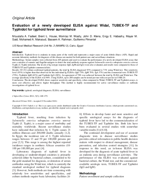 (PDF) Evaluation of a newly developed ELISA against Widal, TUBEX-TF and ...