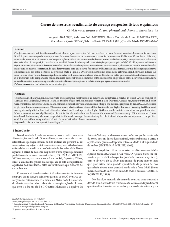 (PDF) Ostrich meat : carcass yield and physical and chemical ...