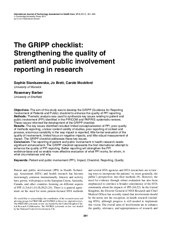 (PDF) The GRIPP checklist: strengthening the quality of patient and ...