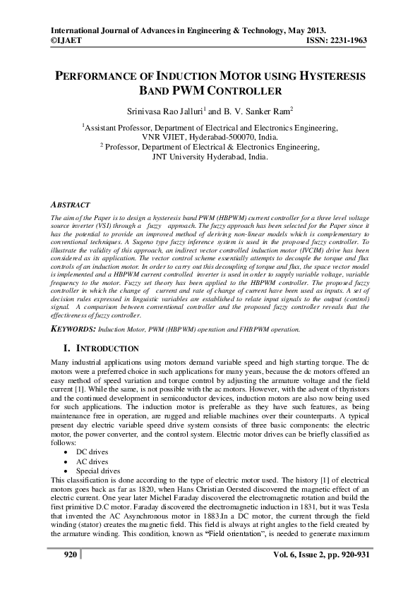 (PDF) PERFORMANCE OF INDUCTION MOTOR USING HYSTERESIS BAND PWM CONTROLLER