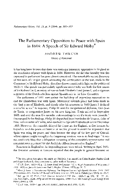 (PDF) The Parliamentary Opposition to Peace with Spain in 1604: A ...